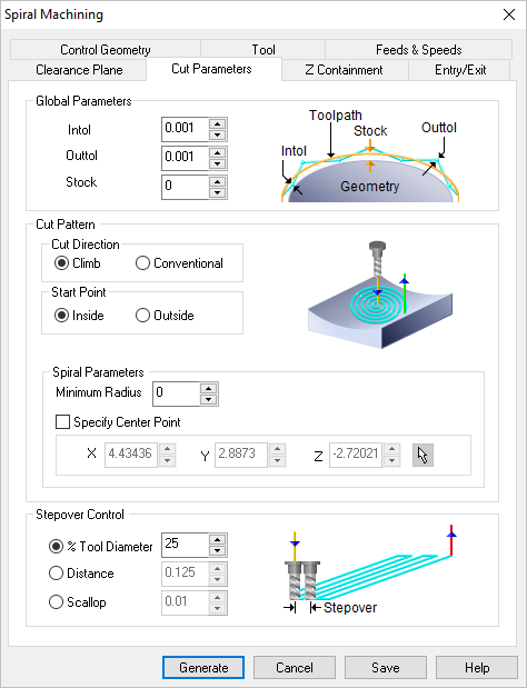 MILL Module > Creating 3 Axis Operations > Spiral Machining > Cut Parameters